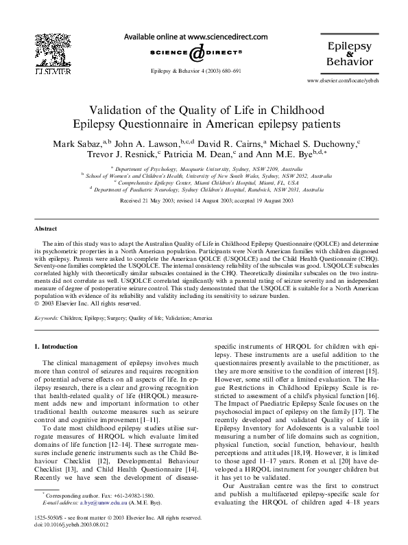 (PDF) Validation of the Quality of Life in Childhood Epilepsy ...