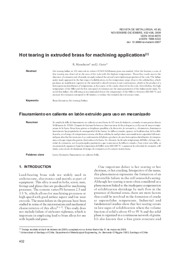 (PDF) Hot tearing in extruded brass for machining applications