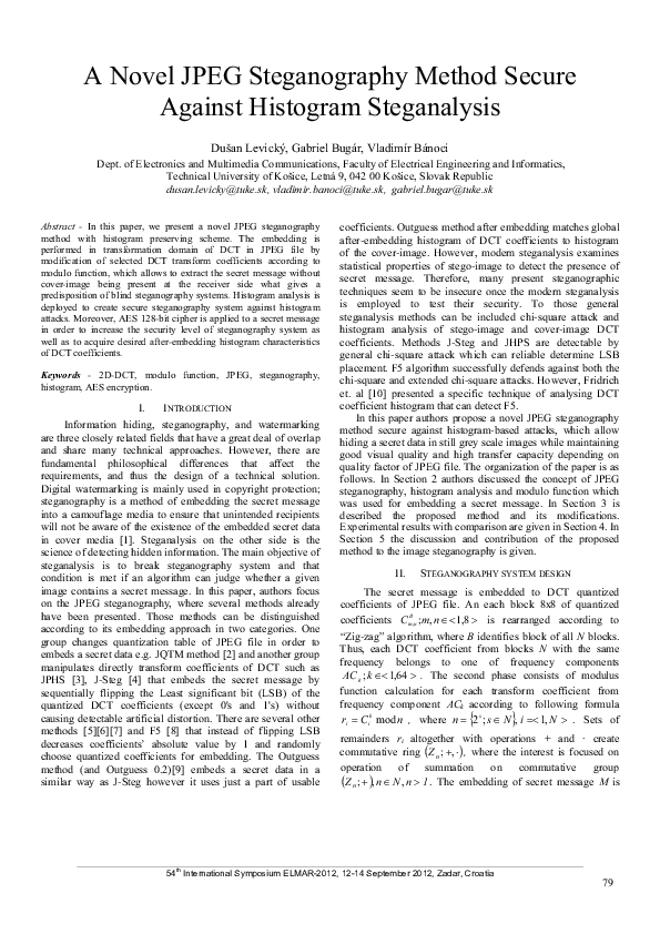 (PDF) A Novel JPEG Steganography Method Secure Against Histogram Steganalysis