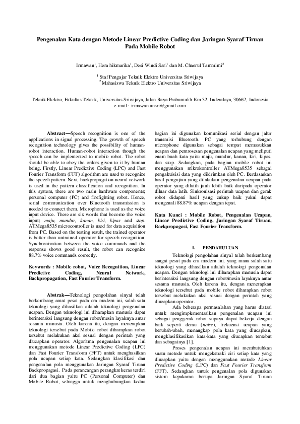 Pdf Pengenalan Kata Dengan Metode Linear Predictive Coding Dan Jaringan Syaraf Tiruan Pada