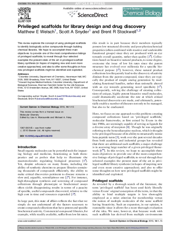 (PDF) Privileged scaffolds for library design and drug discovery