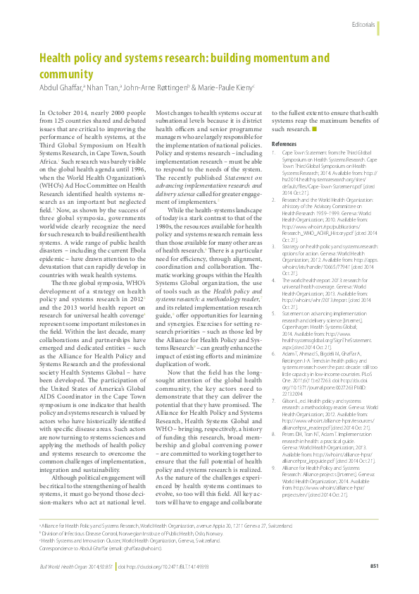 (PDF) Health policy and systems research: building momentum and community