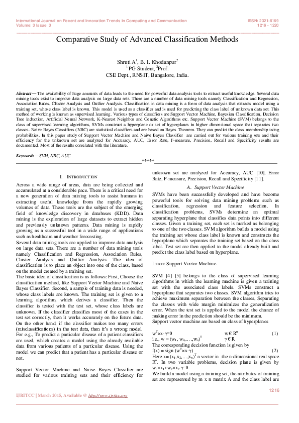 (PDF) Comparative Study of Advanced Classification Methods