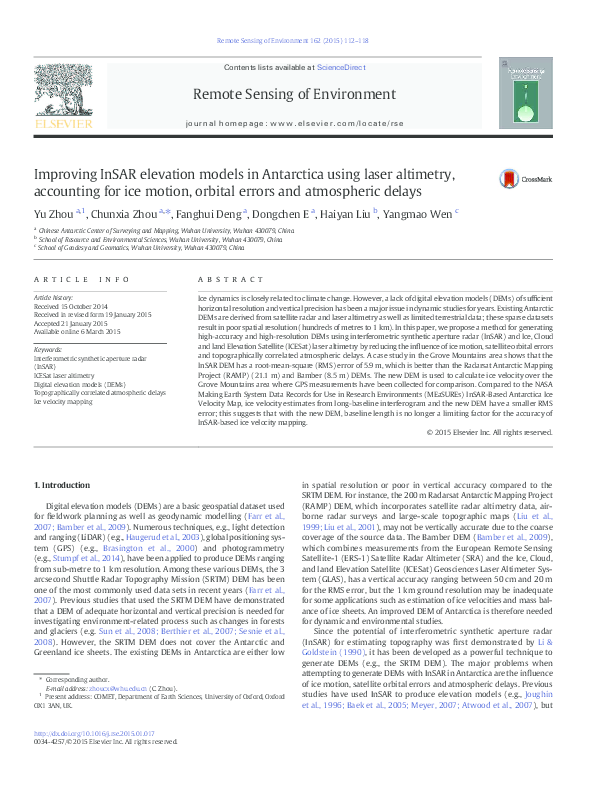 (PDF) Improving InSAR elevation models in Antarctica using laser altimetry, accounting for ice ...