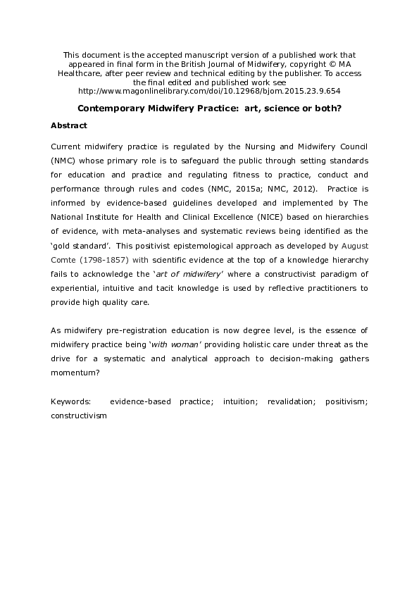 (DOC) Contemporary Midwifery Practice: art, science or both?