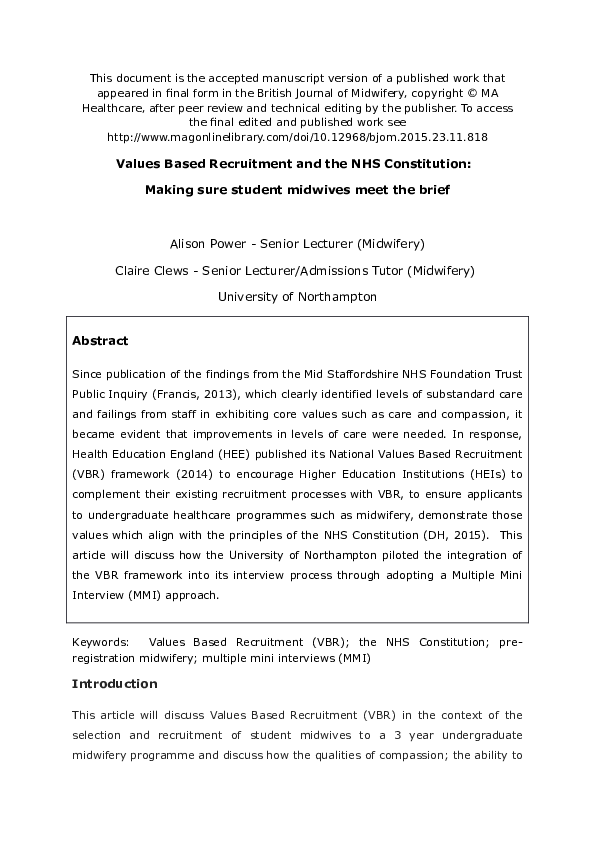 (DOC) Values Based Recruitment and the NHS Constitution: Making sure student midwives meet the ...