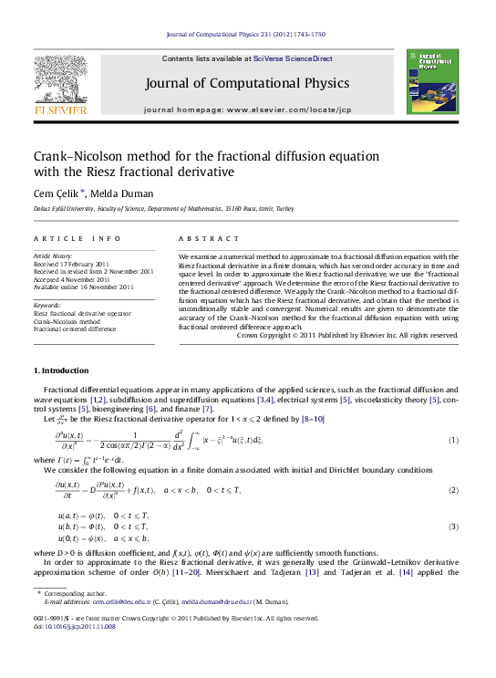 Crank Nicolson Method For The Fractional Diffusion Equation With The Riesz Fractional Derivative