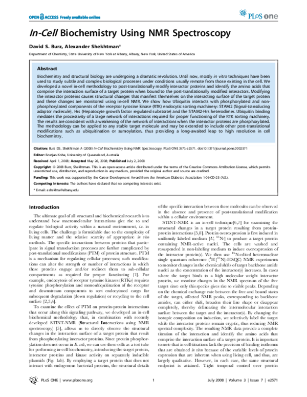 (PDF) In-Cell Biochemistry Using NMR Spectroscopy