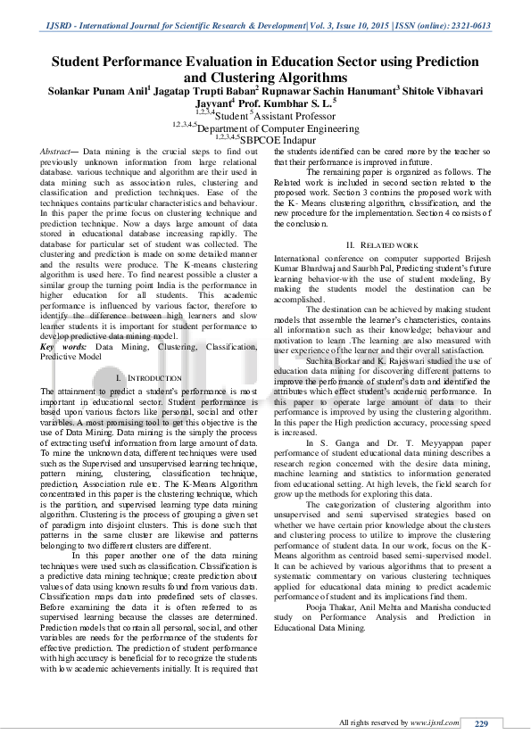 (PDF) Student Performance Evaluation in Education Sector Using Prediction and Clustering Algorithms