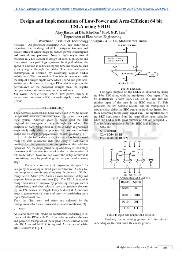 Pdf Design And Implementation Of Low Power And Area Efficient 64 Bit Csla Using Vhdl