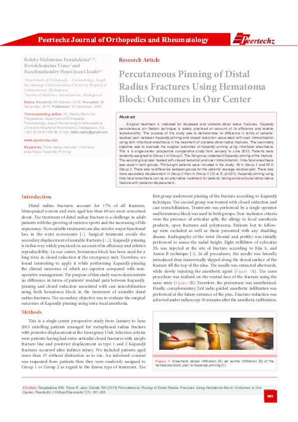 (PDF) Percutaneous Pinning of Distal Radius Fractures Using Hematoma ...