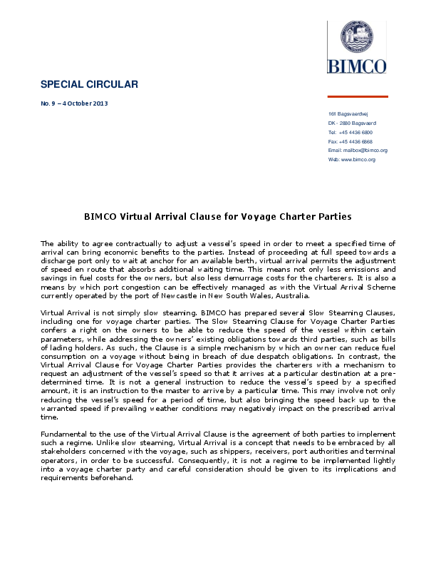 (PDF) Bimco Virtual Arrival Clause for Voyage Chater Parties