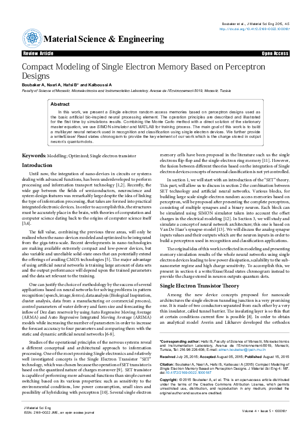 (PDF) Compact Modeling of Single Electron Memory Based on Perceptron ...