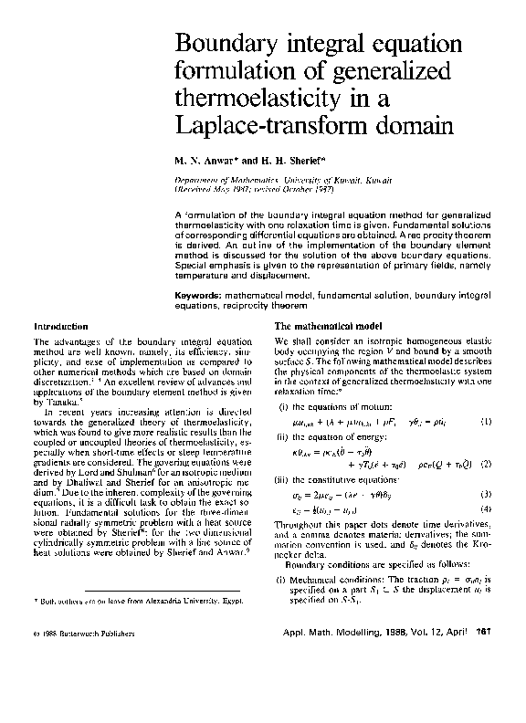 (PDF) Boundary integral equation formulation of generalized thermoelasticity in a Laplace ...