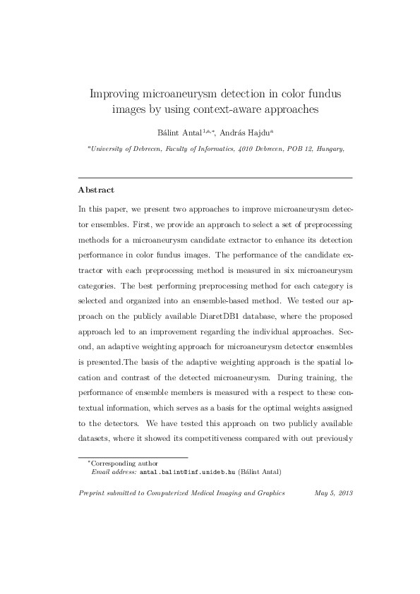 (PDF) Improving microaneurysm detection in color fundus images by using context-aware approaches