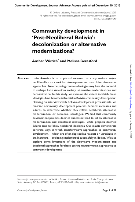 (PDF) Community Development in 'Post-Neoliberal Bolivia ...