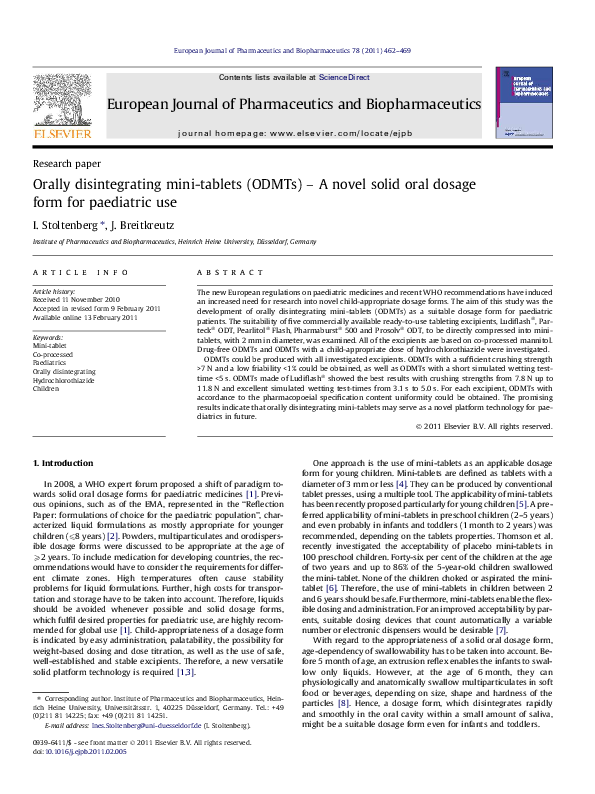 (PDF) Orally disintegrating mini-tablets (ODMTs) – A novel solid oral ...