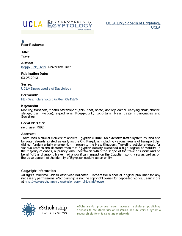 (PDF) Travel in ancient Egypt. In: Elizabeth Frood and Willeke Wendrich ...