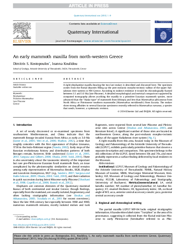 (PDF) An early mammoth maxilla from north-western Greece