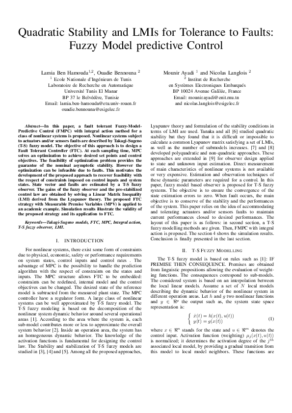 (PDF) Quadratic Stability and LMIs for Tolerance to Faults: Fuzzy Model predictive Control