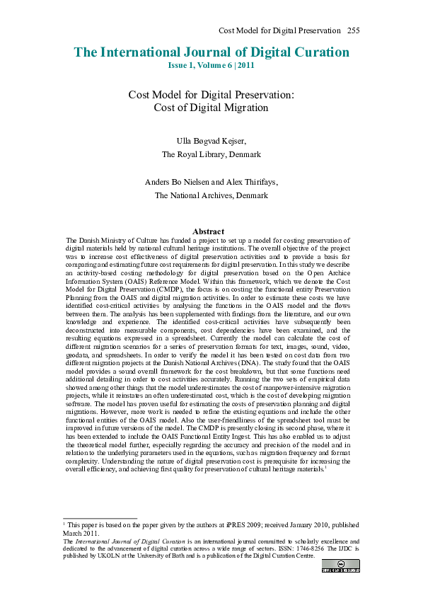 (PDF) Cost Model for Digital Preservation: Cost of Digital Migration