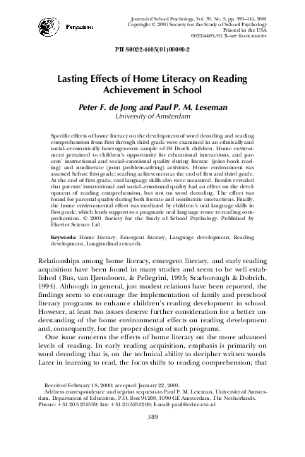 (PDF) Lasting Effects of Home Literacy on Reading Achievement in School