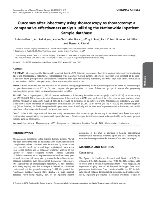 Pdf Outcomes After Lobectomy Using Thoracoscopy Vs Thoracotomy A Comparative Effectiveness