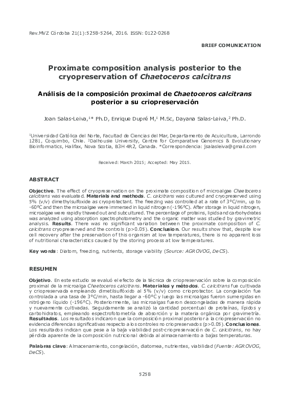(PDF) Proximate composition analysis posterior to the cryopreservation of Chaetoceros calcitrans