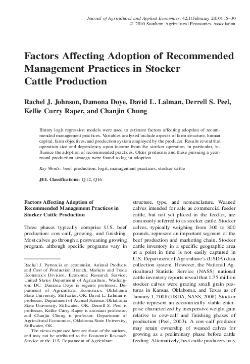 (PDF) Factors Affecting Adoption of Recommended Management Practices in Stocker Cattle Production