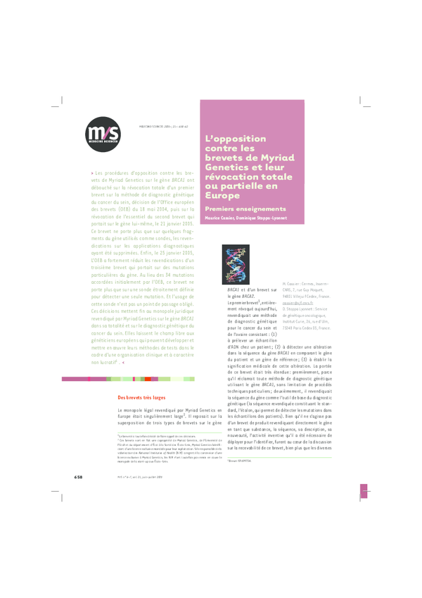 (PDF) [Opposition to Myriad Genetics patents and their total or partial ...