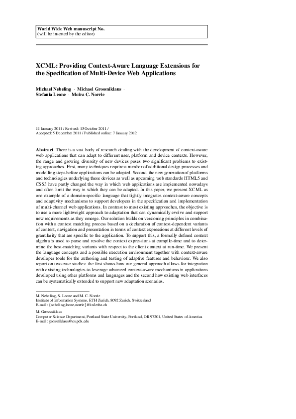 (PDF) XCML: Providing Context-Aware Language Extensions for the Specification of Multi-Device ...