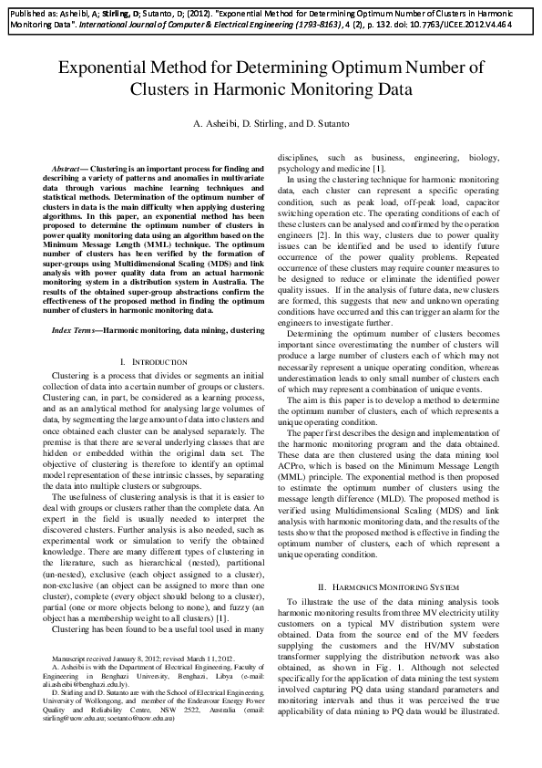 Exponential Method for Determining Optimum Number of Clusters in Harmonic Monitoring Data