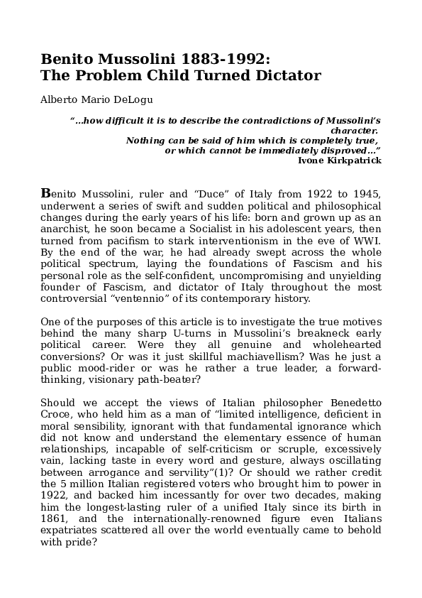 (DOC) Benito Mussolini 1883-1922: The Problem Child Turned Dictator