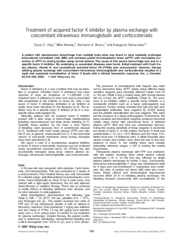 (PDF) Treatment of acquired factor X inhibitor by plasma exchange with ...