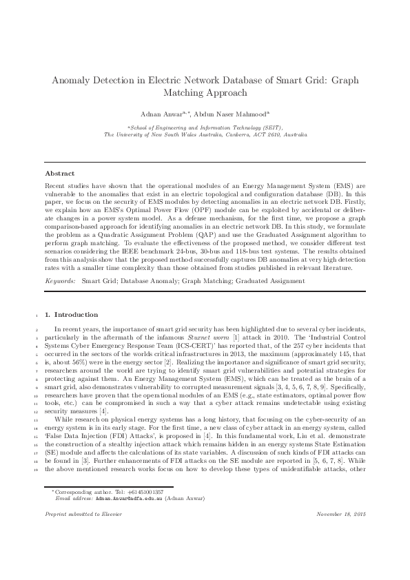 Pdf Anomaly Detection In Electric Network Database Of Smart Grid Graph Matching Approach