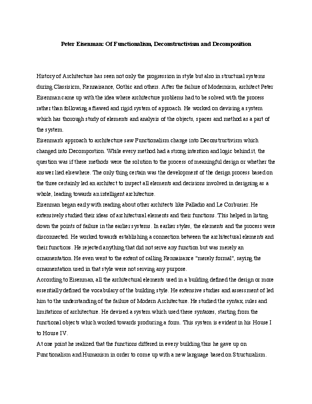(PDF) Peter Eisenman: Of Functionalism, Deconstructivism and Decomposition