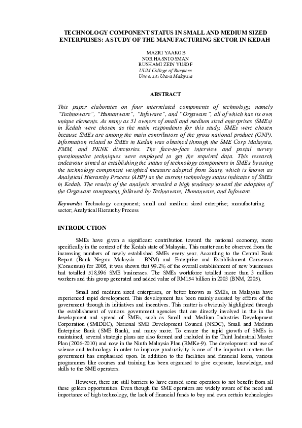 (DOC) TECHNOLOGY COMPONENT STATUS IN SMALL AND MEDIUM SIZED ENTERPRISES ...