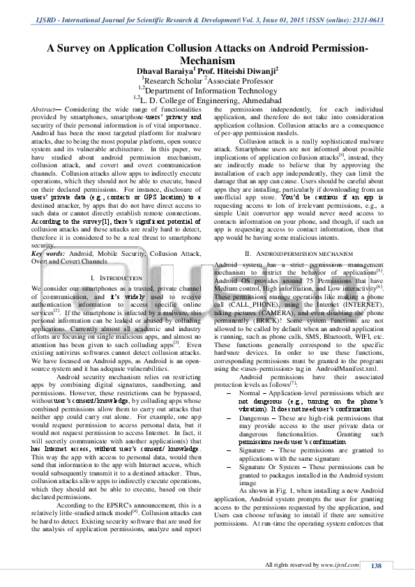 (PDF) A Survey on Application Collusion Attacks on Android Permission-Mechanism