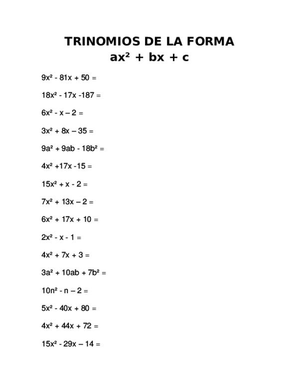 (DOC) TRINOMIOS DE LA FORMA ax2 + bx + c