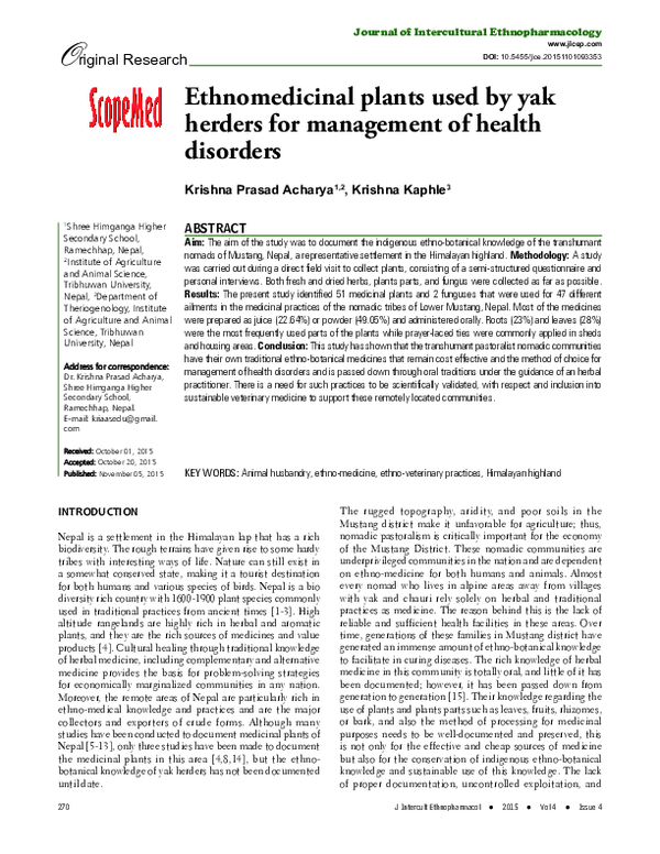 (PDF) Ethnomedicinal plants used by yak herders for management of health disorders