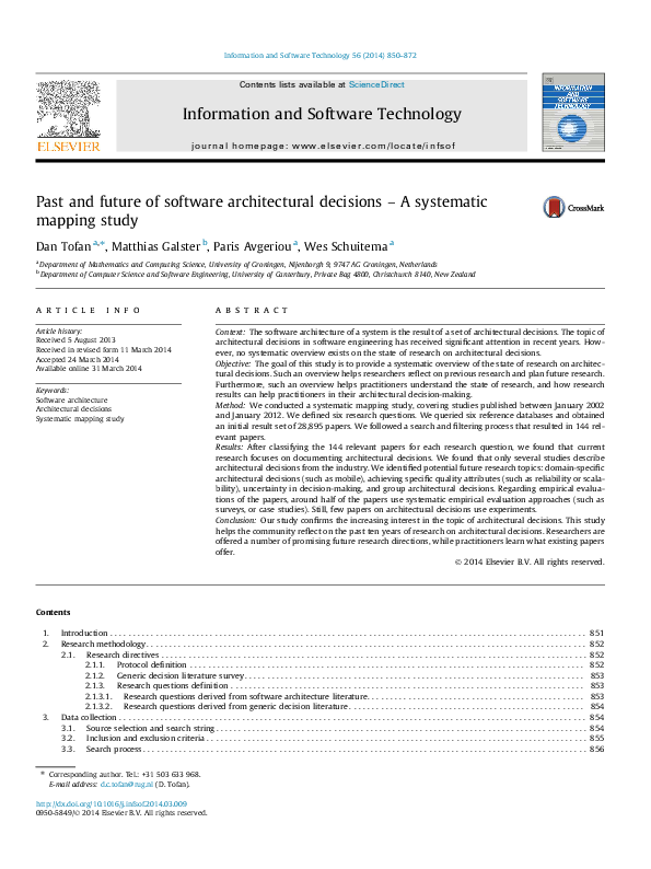 (PDF) Past and future of software architectural decisions – A systematic mapping study
