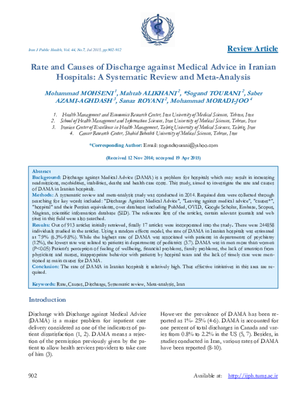 PDF Rate And Causes Of Discharge Against Medical Advice In Iranian pdf-rate-and-causes-of-discharge-against-medical-advice-in-iranian