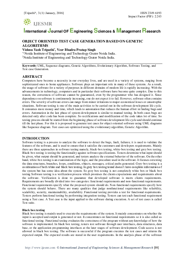 Pdf Object Oriented Test Case Generation Based On Genetic Algorithms Ijesmr Journal