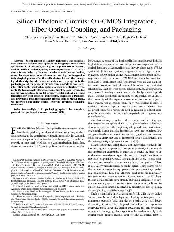 (PDF) Silicon Photonic Circuits: On-CMOS Integration, Fiber Optical Coupling, and Packaging