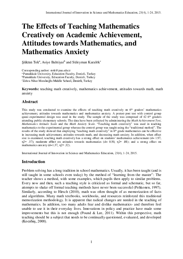 (PDF) The Effects of Teaching Mathematics Creatively on Academic ...