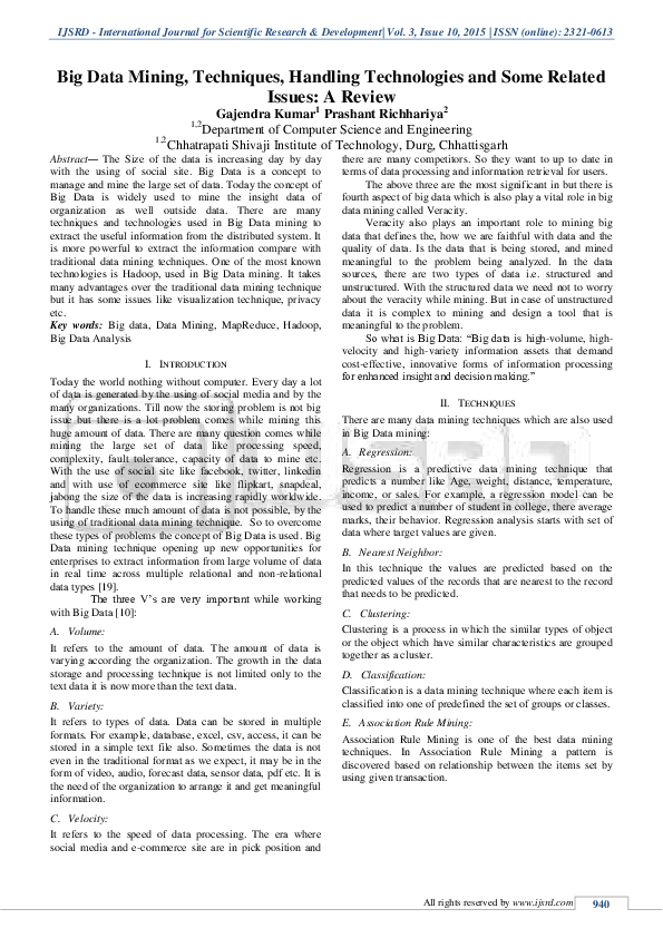 (PDF) Big Data Mining, Techniques, Handling Technologies and Some Related Issues: A Review