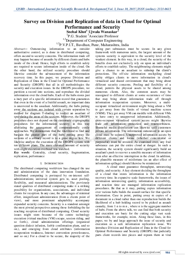 Pdf Survey On Division And Replication Of Data In Cloud For Optimal Performance And Security