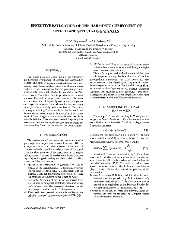 (PDF) EFFECTIVE ESTIMATION OF THE HARMONIC COMPONENT OF SPEECH AND SPEECH-LIKE SIGNALS