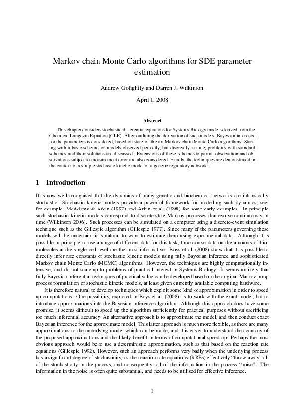 Pdf Markov Chain Monte Carlo Algorithms For Sde Parameter Estimation