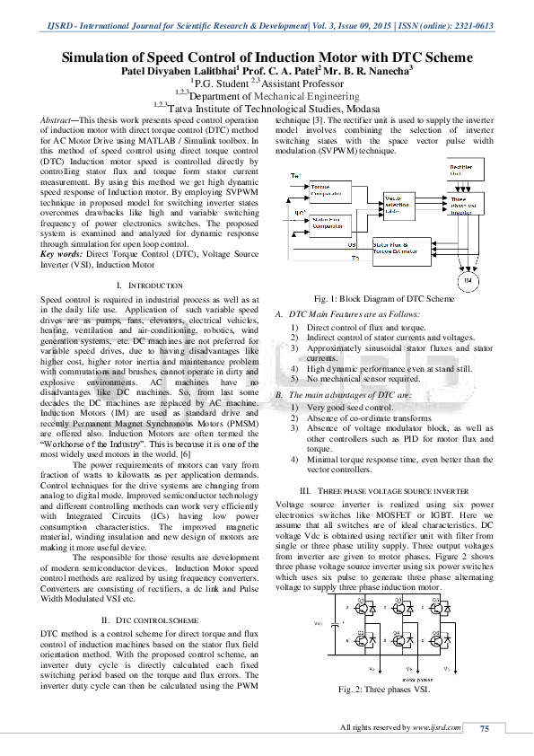 Pdf Simulation Of Speed Control Of Induction Motor With Dtc Scheme